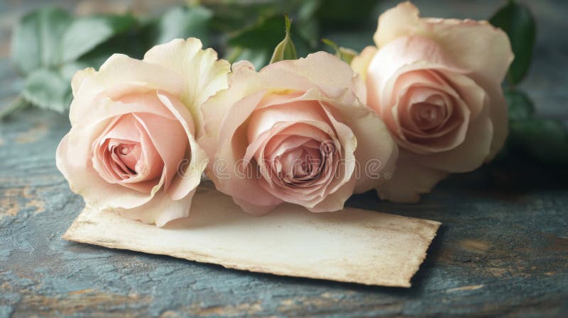 Three Pastel Pink Roses with a Vintage Notecard on Rustic Wood Stock ...