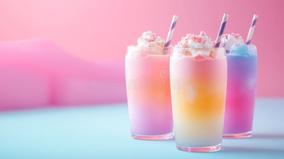 Three Pastel Rainbow Smoothies with Whipped Cream Stock Illustration ...