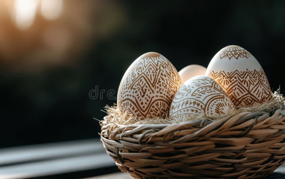 Three Patterned Eggs Rest in a Cozy Basket, Symbolizing the Joy of ...
