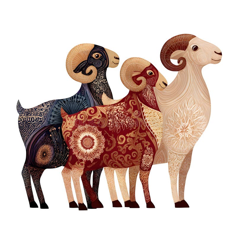 Three Patterned Rams Standing in a Row Against a White Background, Side ...