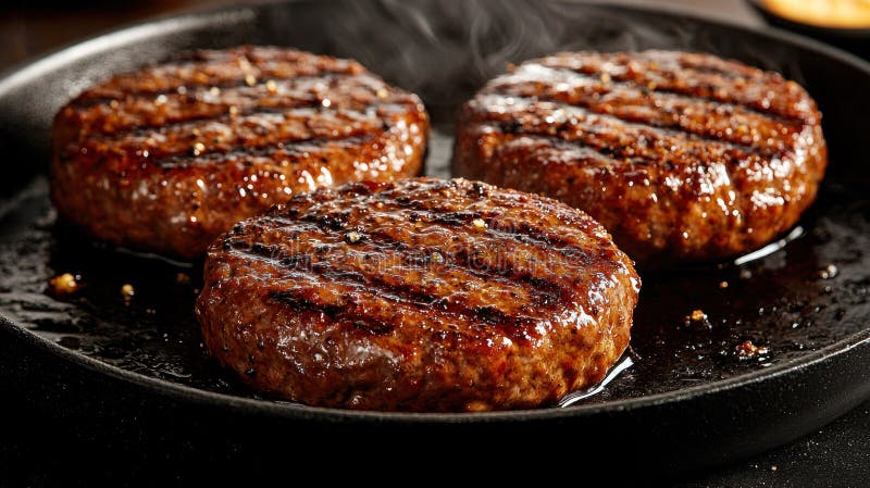 Three Burger Patties Sizzling in a Cast Iron Pan Stock Illustration ...