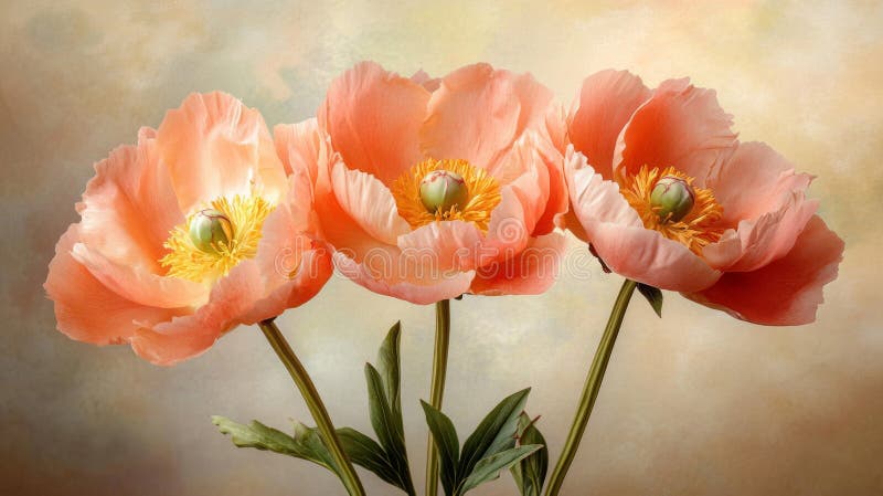 Three Peach Colored Peonies Gracefully Arranged Together Stock ...