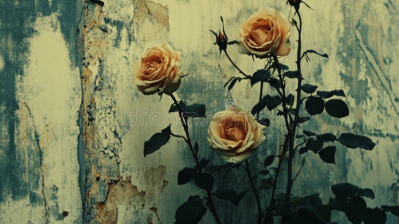 Three Peach Roses Against a Weathered Wall Stock Illustration ...