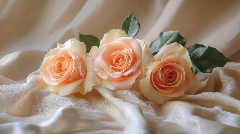 Three Peach Roses Resting on Beige Fabric Stock Illustration ...