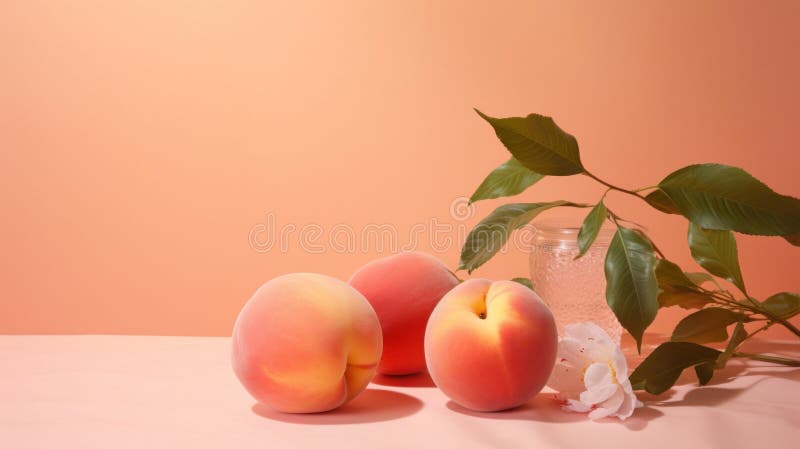 Three Peaches are Sitting on a Table with Some Leaves, AI Stock ...