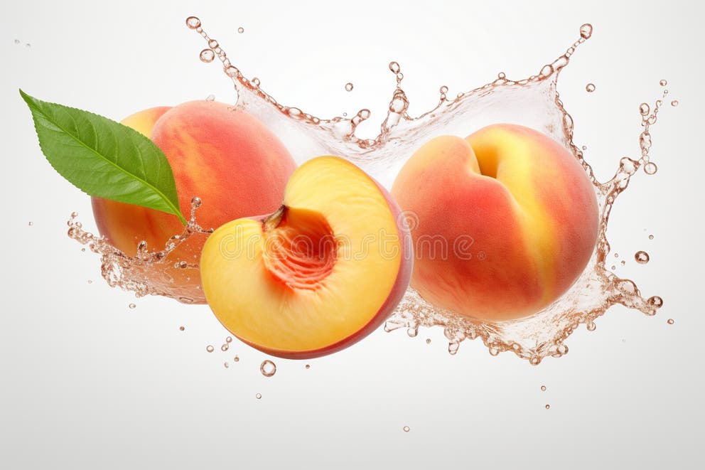 Three Peaches are Splashing with Water on a White Surface. Splash on ...