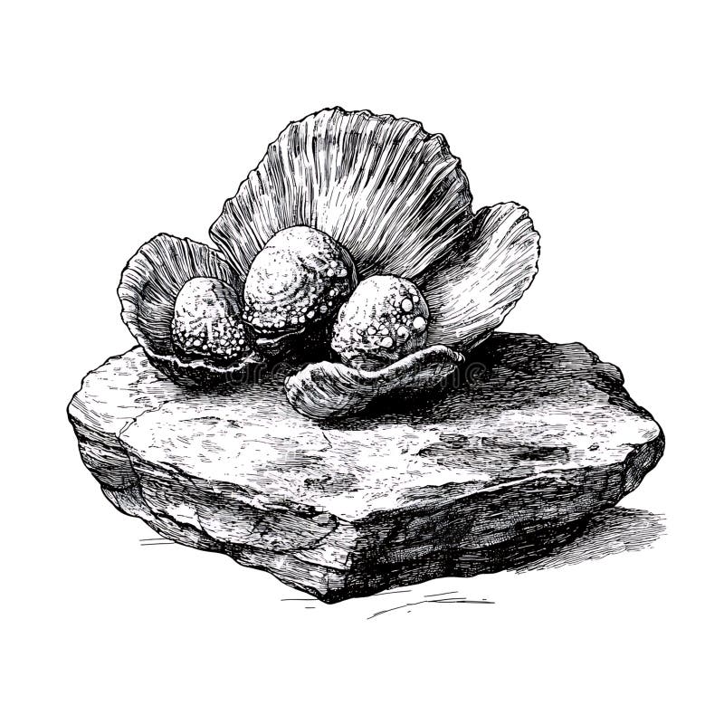 Three Pearls Nestled in Scallop Shells Atop a Rock Stock Illustration ...