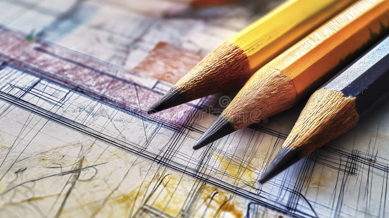 Three Pencils are Pointing at a Technical Drawing of a Building ...