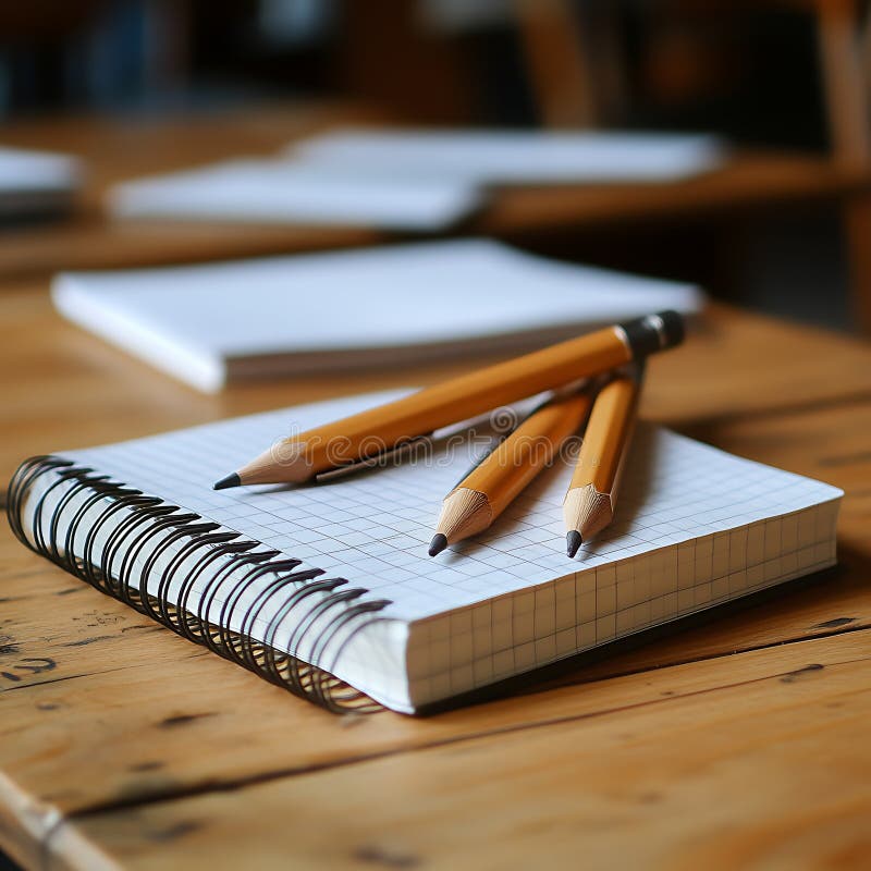 Three Pencils on Spiral Notebook on Wooden Table Stock Illustration ...