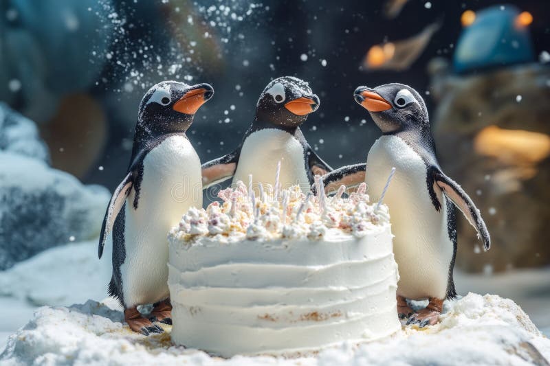 Three Penguins Celebrating a Birthday with a Cake and Falling Snow ...