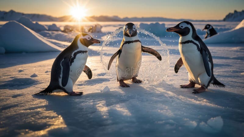 Golden Hour Penguins Playing in Antarctica S Icy Landscape Stock ...