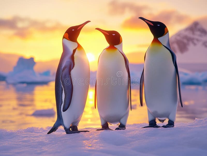 Three Penguins in Snowy Landscape at Sunset Stock Photo - Image of ...