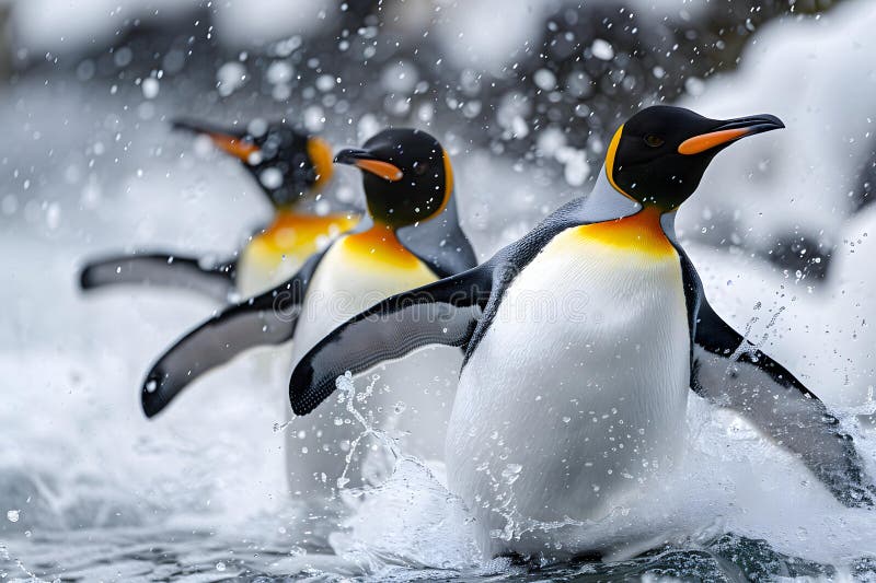 Three Penguins Splashing in Icy Water with Snow Stock Image - Image of ...