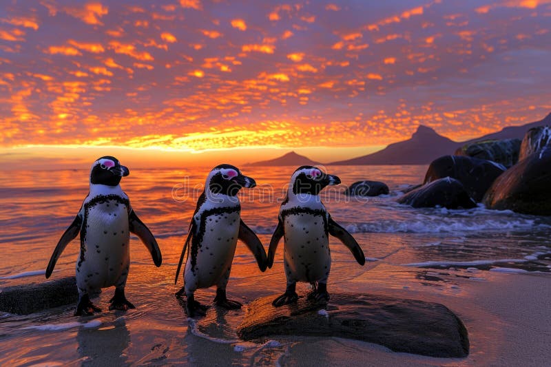 Three Penguins Standing on a Beach at Sunset. Suitable for Wildlife and ...