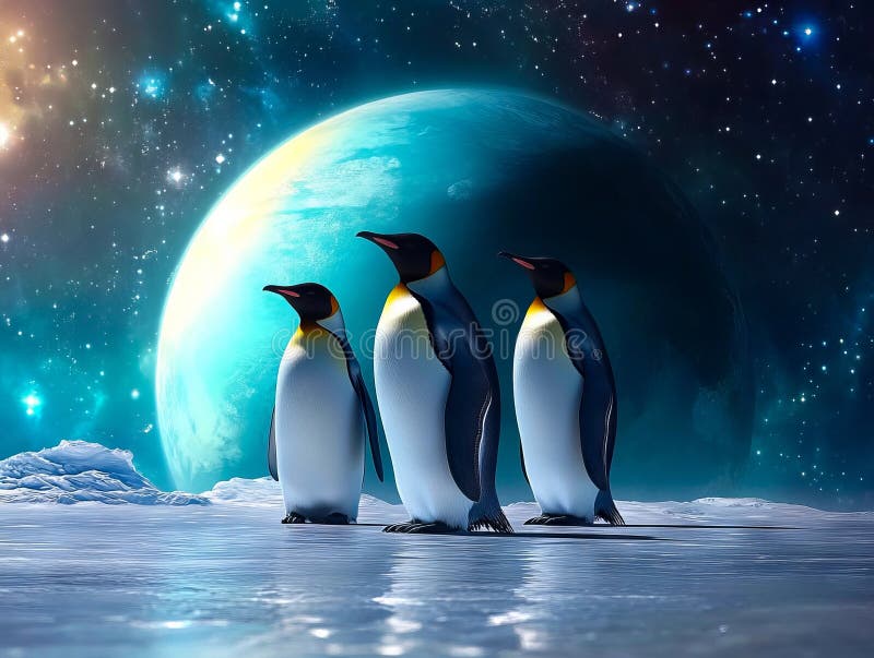 Three Penguins Standing in Front of a Full Moon in the Sky Stock Image ...