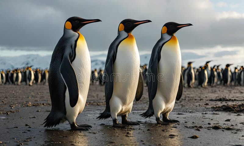 Three Penguins are Standing in a Line in Front of a Large Group of ...