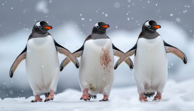Three Penguins Standing on a Snowy Surface by AI Generated Image Stock ...