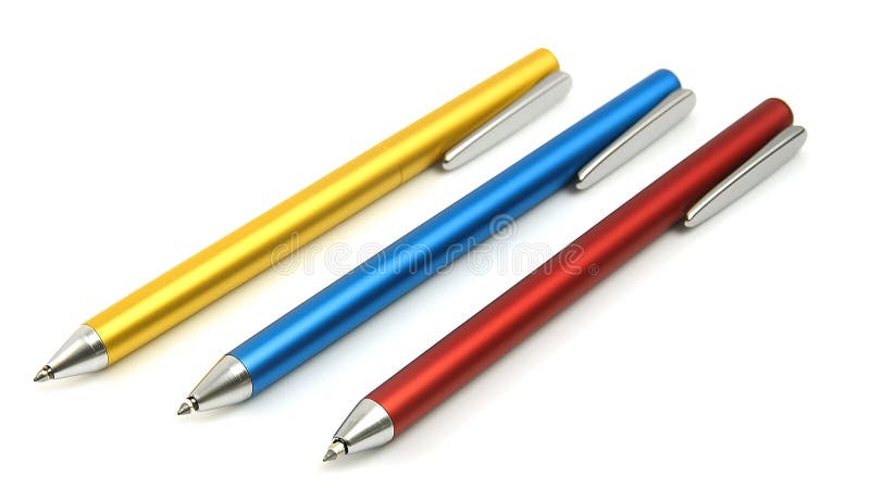 Three Pens of Different Colors are Lined Up on a White Background Stock ...