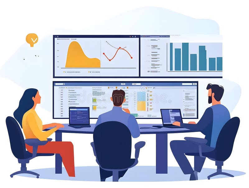 Three People are Analyzing Data on Computer Screens Stock Illustration ...