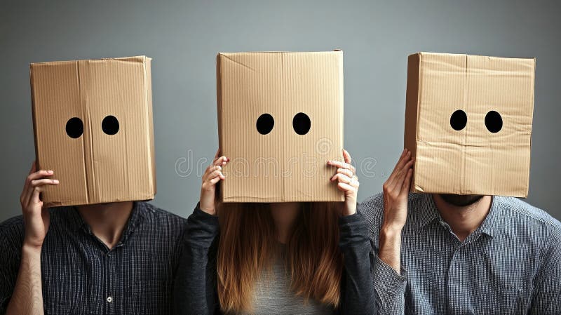 Three People with Cardboard Boxes on Heads, Cut-out Eyes, Anonymity ...