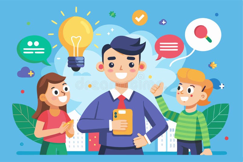 Three People Collaborate in a Colorful Cartoon Setting, Sharing Ideas through Speech Bubbles and ...