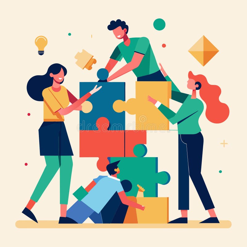 Three People Collaborate To Complete a Puzzle, Focusing on Connecting ...