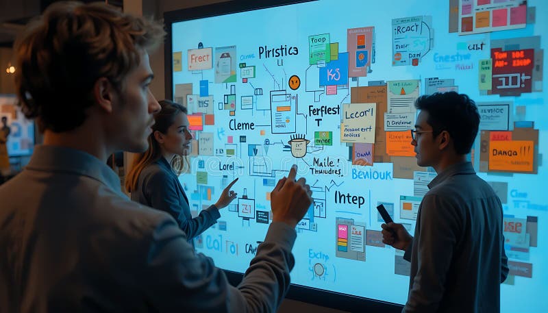 Three People Discussing a Project in Front of a Large Interactive ...