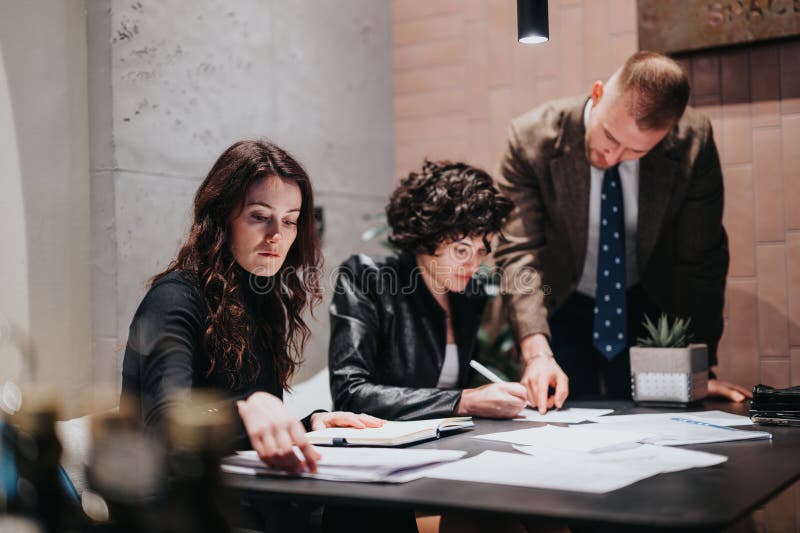 Three People, Colleagues, Engaged in a Serious Discussion Over ...