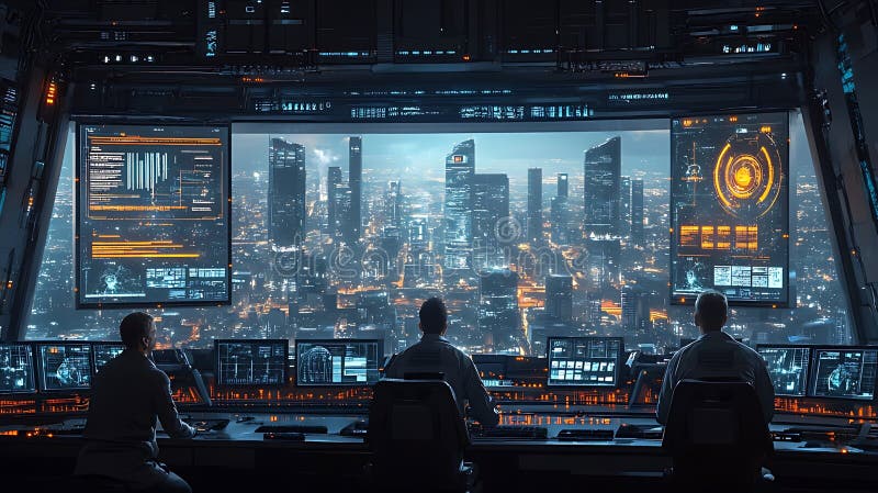 Three People in a Control Room Looking Out at a Futuristic City Stock ...