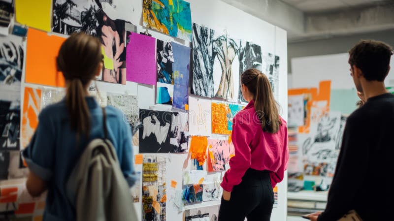 Three People Discussing Artworks on a White Wall Stock Illustration ...