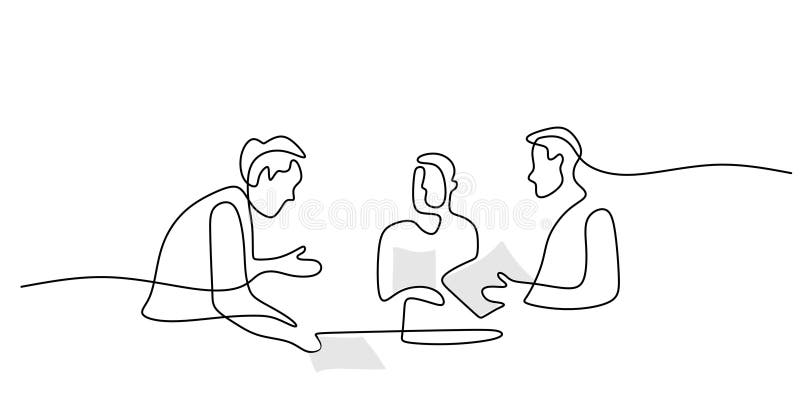 Three People in a Discussion with Laptops in Continuous Line Drawing ...