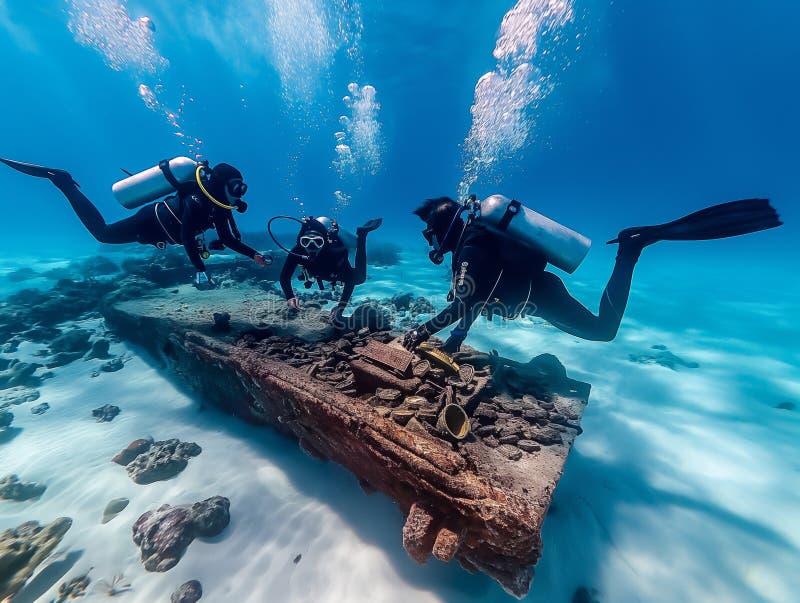 Three People are Diving in the Ocean, One of Them is Looking at a Wreck ...