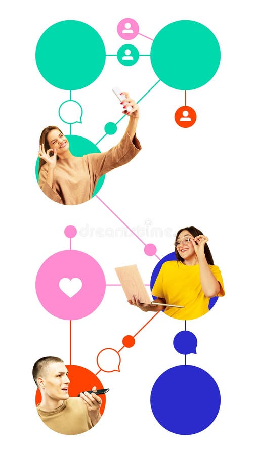 Three People Engaged with Smartphones and Tablets Connected by Colorful ...