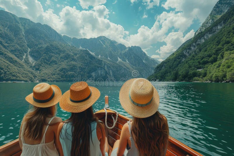 Three People Enjoying Time Together on a Boat in Calm Waters Stock ...