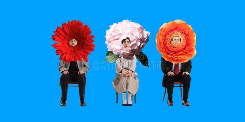 Three People with Flower Heads Sit in Row, Representing Diversity of ...