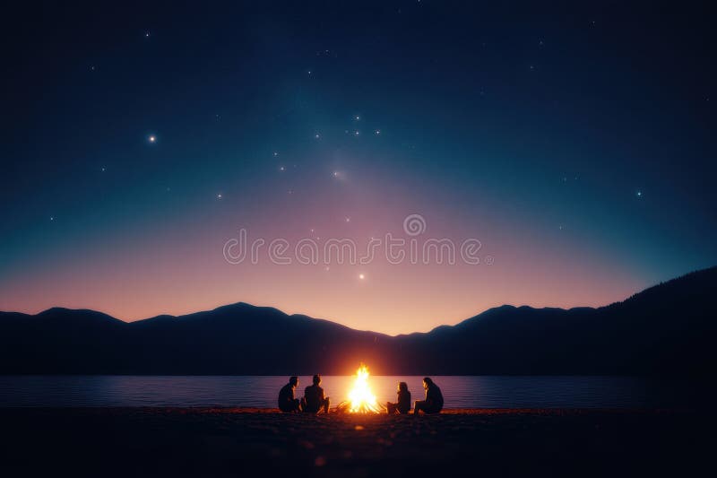 Three People Gather by a Campfire on the Beach, Enjoying the Warm Glow ...
