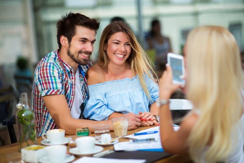 Three People Having Fun in Cafe Stock Image - Image of lunch ...
