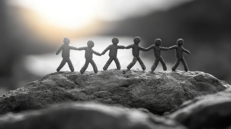Three People Holding Hands on a Rock in a Teamwork and Project ...