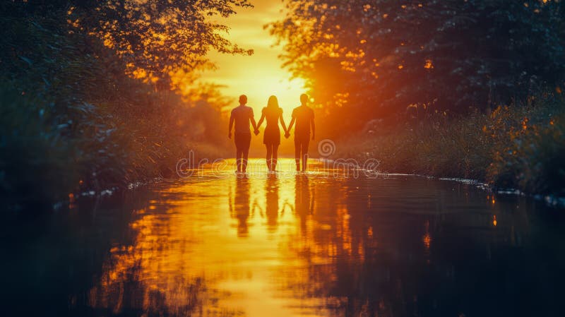 Three People Holding Hands Walking on Path at Sunset Silhouette Stock ...
