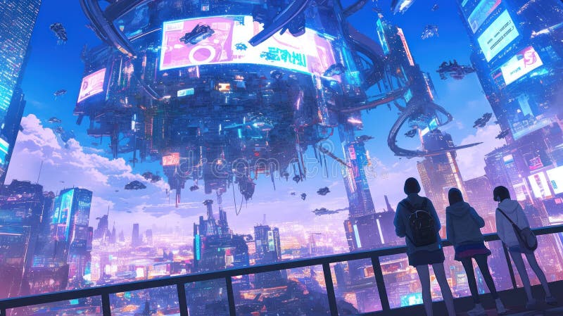 Three People Look Up at a Futuristic City in the Sky Stock Illustration ...