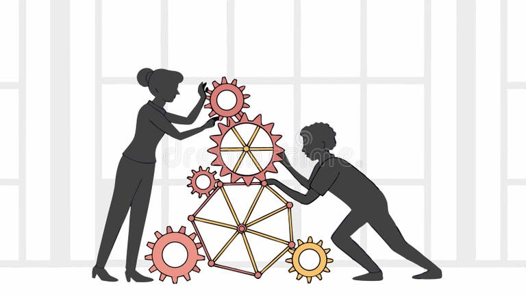 Three People Moving Large Gears, Symbolizing Complex Teamwork and ...