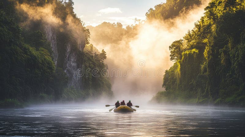 Three People in a Raft on a Misty River with Waterfalls in the ...