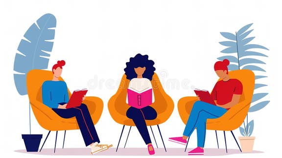 Three People Reading Books in Armchairs Stock Illustration ...