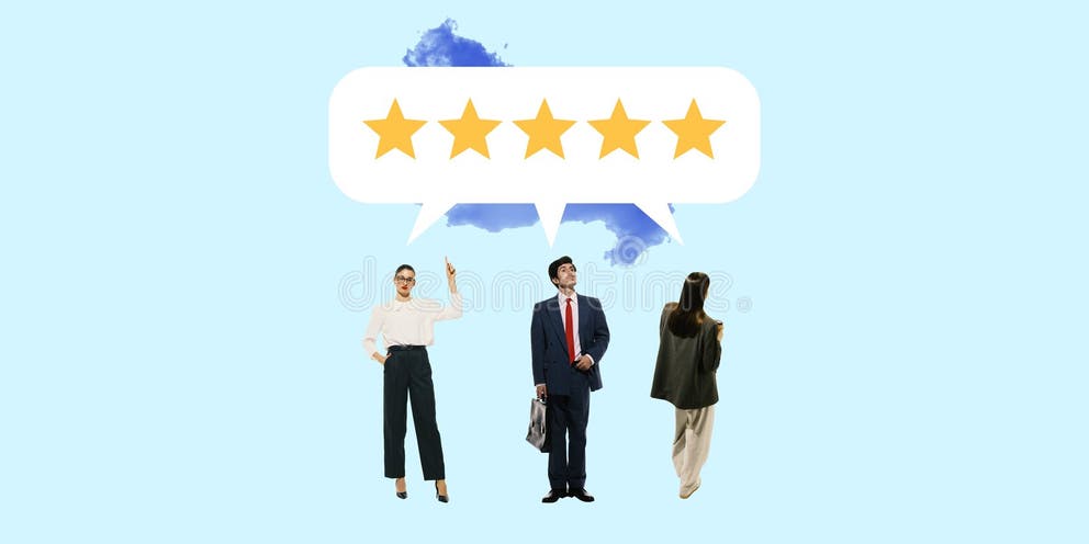 Three People with Review Speech Bubble. Visual Representation of ...