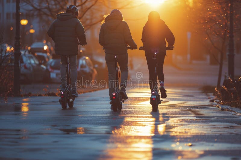 Three People Riding Scooters on a Sidewalk at Sunset, AI-generated ...