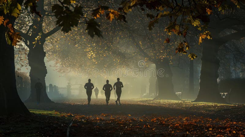 Three People are Running in a Park with Trees and Leaves on the Ground ...