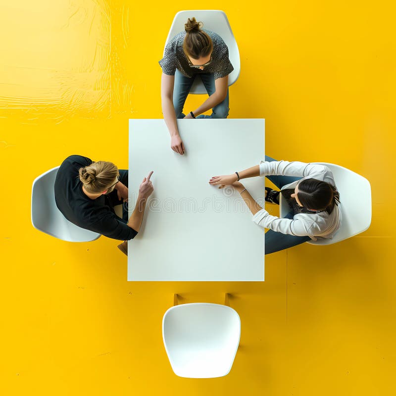 People Sitting at an Office Table, Meeting. Top View. Yellow Background ...