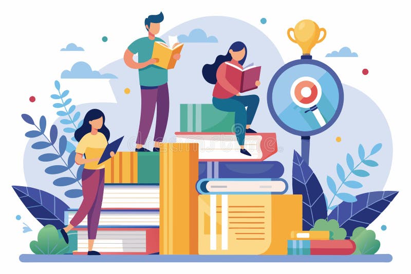 Three People are Shown Reading Books and Standing on a Pile of Books ...