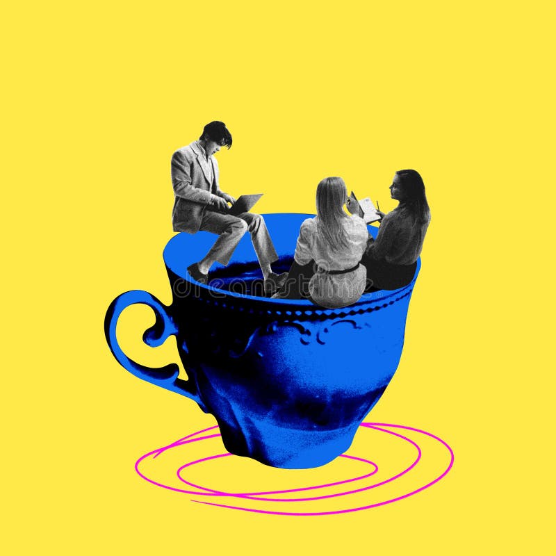Three People Sit Inside Oversized Blue Teacup, Engaging in Discussion ...