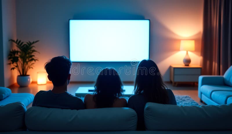 Three People are Sitting on a Couch in Front of a Television Stock ...